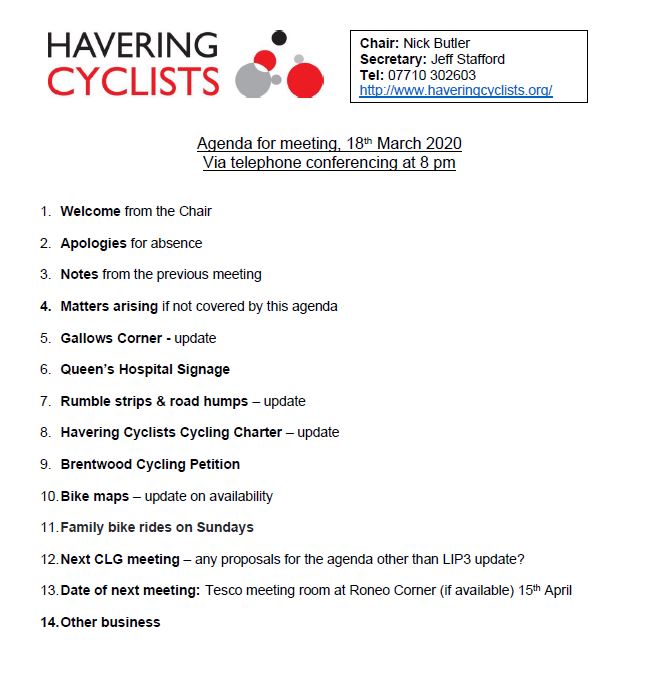 UPDATE: Havering Cyclists Campaign Meeting – 18th March – Havering Cyclists